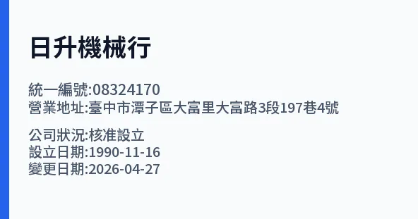 日升機械行的照片-統編 08324170(臺中市) 公司登記資料與營業項目詳細圖表