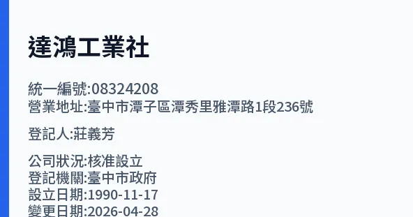達鴻工業社的照片-統編 08324208(臺中市) 公司登記資料與營業項目詳細圖表