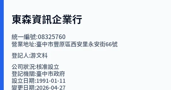東森資訊企業行的照片-統編 08325760(臺中市) 公司登記資料與營業項目詳細圖表