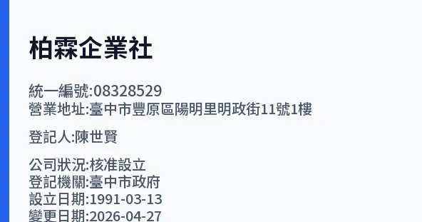 柏霖企業社的照片-統編 08328529(臺中市) 公司登記資料與營業項目詳細圖表