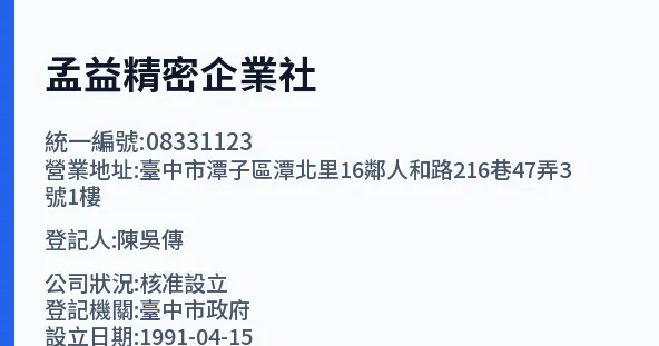 孟益精密企業社的照片-統編 08331123(臺中市) 公司登記資料與營業項目詳細圖表