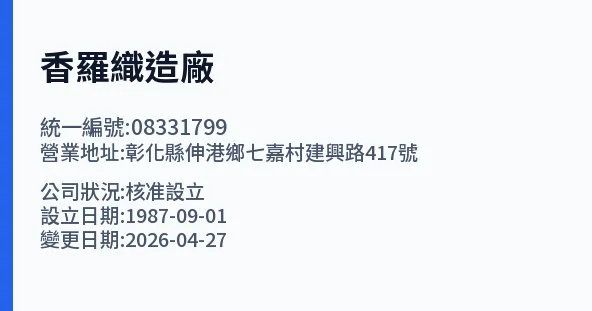 香羅織造廠的照片-統編 08331799(彰化縣) 公司登記資料與營業項目詳細圖表