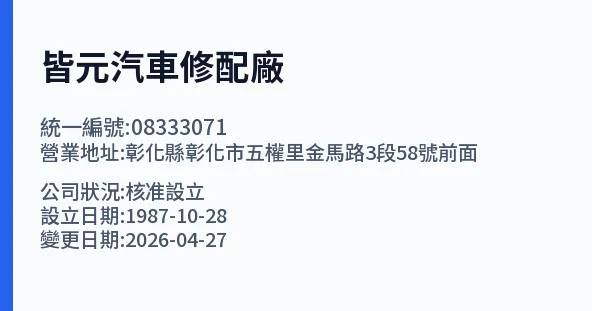 皆元汽車修配廠的照片-統編 08333071(彰化縣) 公司登記資料與營業項目詳細圖表