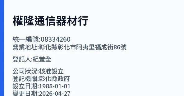 權隆通信器材行的照片-統編 08334260(彰化縣) 公司登記資料與營業項目詳細圖表