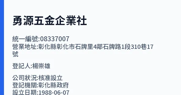 勇源五金企業社的照片-統編 08337007(彰化縣) 公司登記資料與營業項目詳細圖表