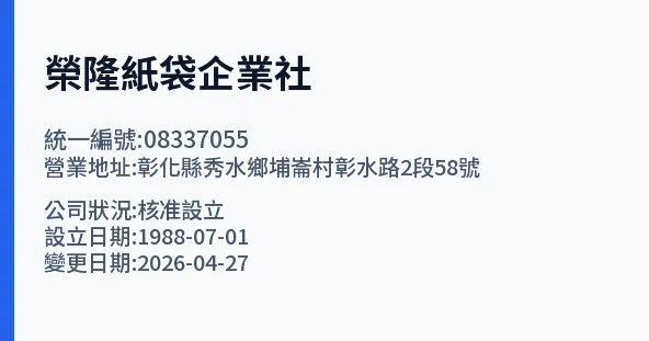 榮隆紙袋企業社的照片-統編 08337055(彰化縣) 公司登記資料與營業項目詳細圖表
