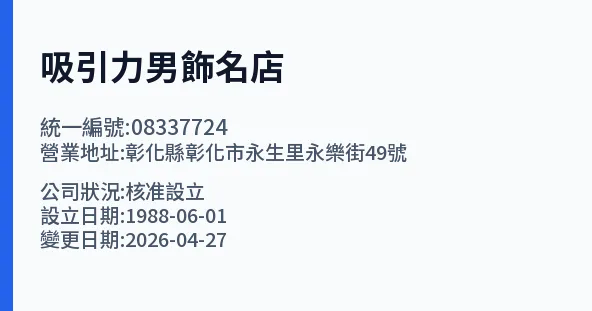 吸引力男飾名店的照片-統編 08337724(彰化縣) 公司登記資料與營業項目詳細圖表