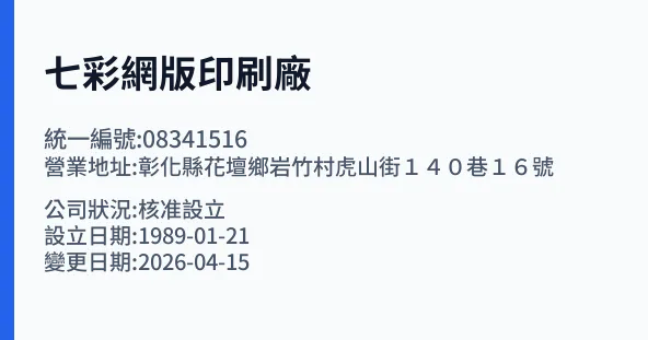 七彩網版印刷廠的照片-統編 08341516(彰化縣) 公司登記資料與營業項目詳細圖表