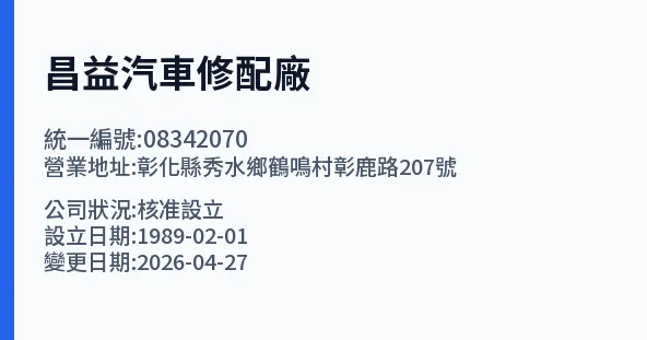 昌益汽車修配廠的照片-統編 08342070(彰化縣) 公司登記資料與營業項目詳細圖表
