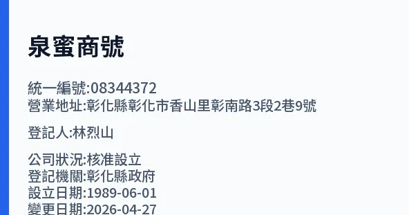 泉蜜商號的照片-統編 08344372(彰化縣) 公司登記資料與營業項目詳細圖表