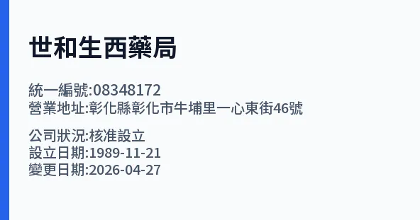 世和生西藥局的照片-統編 08348172(彰化縣) 公司登記資料與營業項目詳細圖表