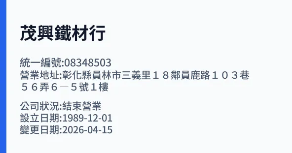 茂興鐵材行的照片-統編 08348503(彰化縣) 公司登記資料與營業項目詳細圖表