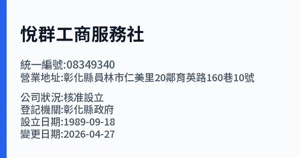 悅群工商服務社的照片-統編 08349340(彰化縣) 公司登記資料與營業項目詳細圖表