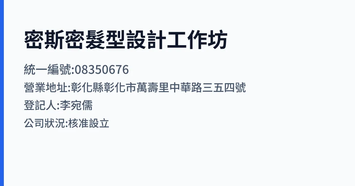 密斯密髮型設計工作坊 - 統編 08350676(彰化縣) 公司登記資料與營業項目詳細圖表