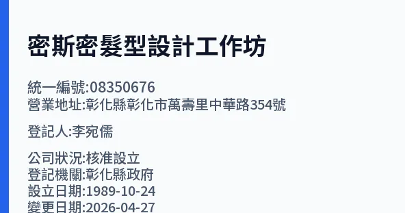 密斯密髮型設計工作坊的照片-統編 08350676(彰化縣) 公司登記資料與營業項目詳細圖表