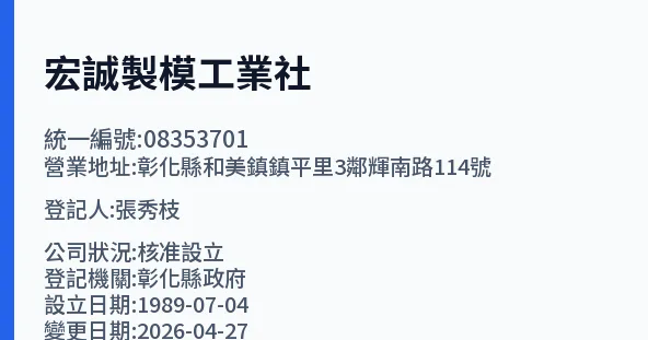 宏誠製模工業社的照片-統編 08353701(彰化縣) 公司登記資料與營業項目詳細圖表