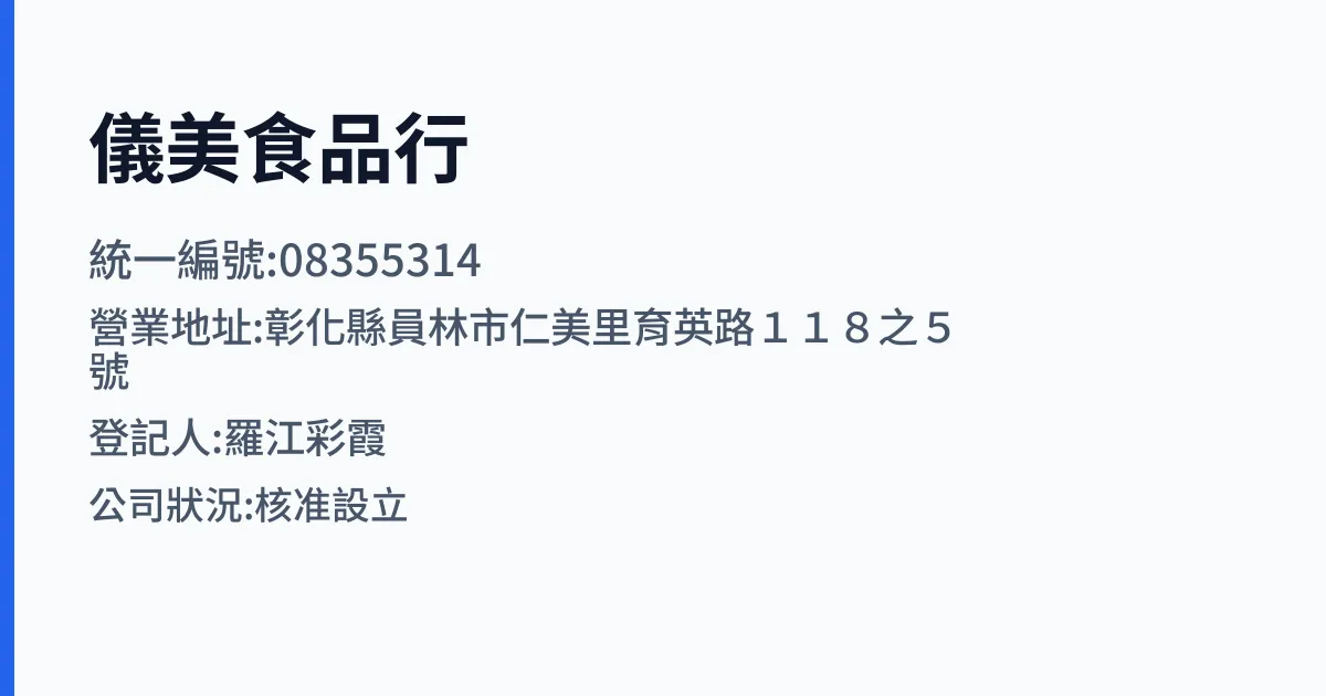 儀美食品行 - 統編 08355314(彰化縣) 公司登記資料與營業項目詳細圖表