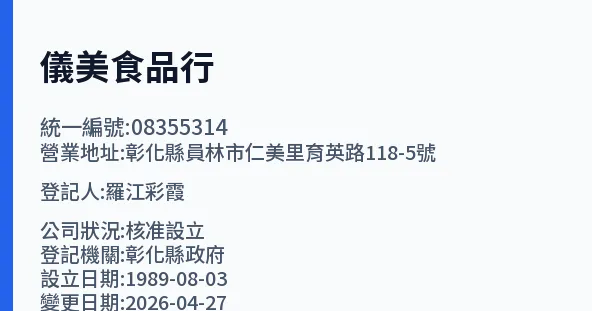 儀美食品行的照片-統編 08355314(彰化縣) 公司登記資料與營業項目詳細圖表