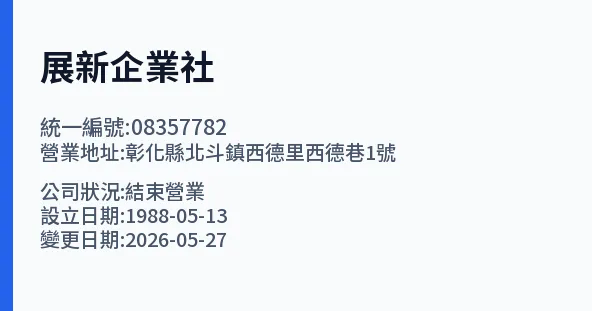 展新企業社的照片-統編 08357782(彰化縣) 公司登記資料與營業項目詳細圖表