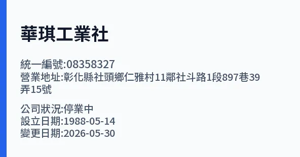 華琪工業社的照片-統編 08358327(彰化縣) 公司登記資料與營業項目詳細圖表