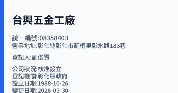 台興五金工廠的照片-統編 08358403(彰化縣) 公司登記資料與營業項目詳細圖表