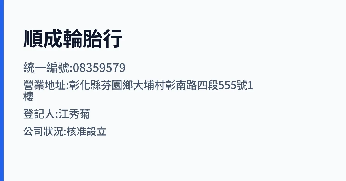 順成輪胎行 - 統編 08359579(彰化縣) 公司登記資料與營業項目詳細圖表