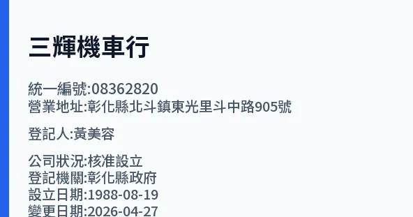 三輝機車行的照片-統編 08362820(彰化縣) 公司登記資料與營業項目詳細圖表
