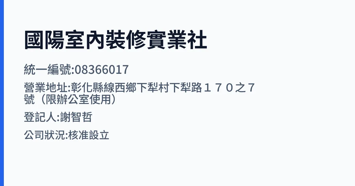 國陽室內裝修實業社 - 統編 08366017(彰化縣) 公司登記資料與營業項目詳細圖表