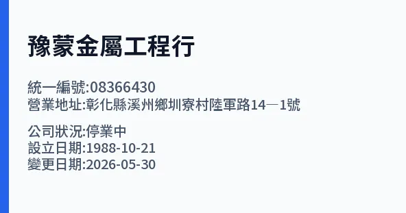 豫蒙金屬工程行的照片-統編 08366430(彰化縣) 公司登記資料與營業項目詳細圖表
