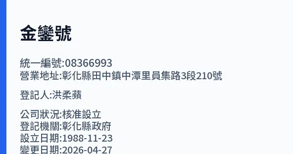 金鑾號的照片-統編 08366993(彰化縣) 公司登記資料與營業項目詳細圖表