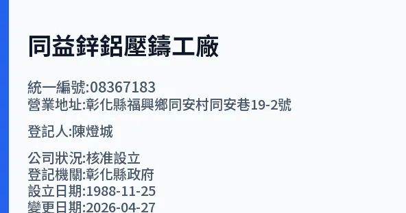 同益鋅鋁壓鑄工廠的照片-統編 08367183(彰化縣) 公司登記資料與營業項目詳細圖表