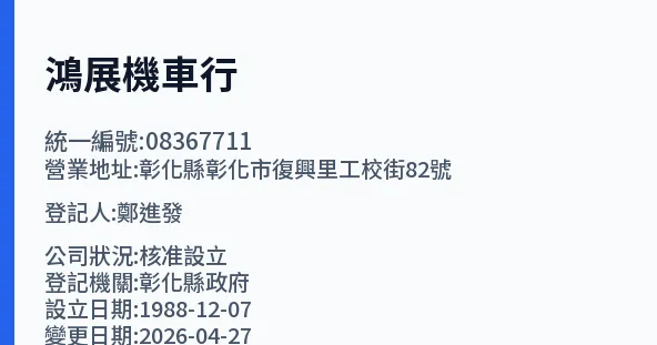 鴻展機車行的照片-統編 08367711(彰化縣) 公司登記資料與營業項目詳細圖表