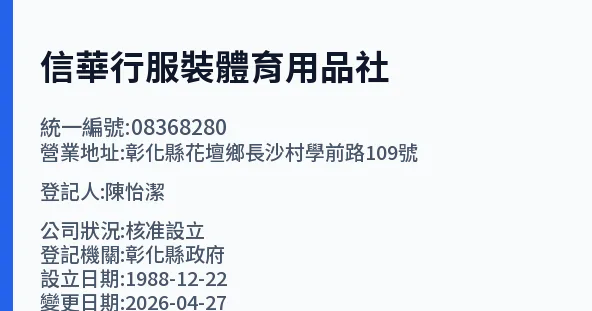 信華行服裝體育用品社的照片-統編 08368280(彰化縣) 公司登記資料與營業項目詳細圖表
