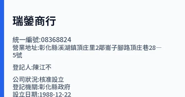 瑞鎣商行的照片-統編 08368824(彰化縣) 公司登記資料與營業項目詳細圖表