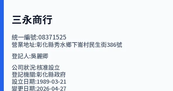 三永商行的照片-統編 08371525(彰化縣) 公司登記資料與營業項目詳細圖表