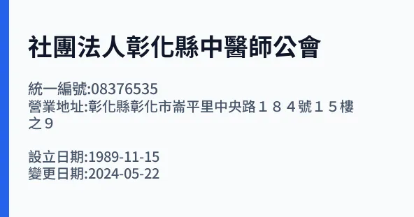 社團法人彰化縣中醫師公會的照片-統編 08376535(彰化縣) 公司登記資料與營業項目詳細圖表