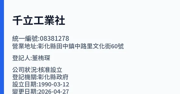 千立工業社的照片-統編 08381278(彰化縣) 公司登記資料與營業項目詳細圖表