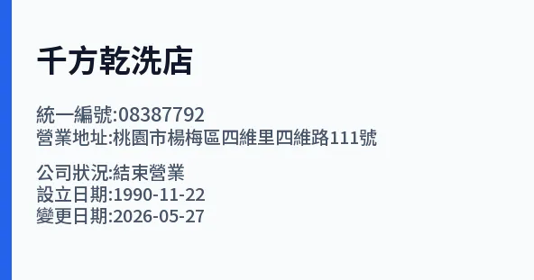 千方乾洗店的照片-統編 08387792(桃園市) 公司登記資料與營業項目詳細圖表