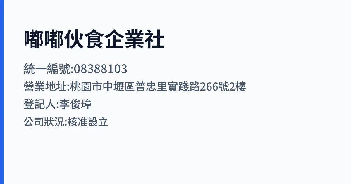 嘟嘟伙食企業社 - 統編 08388103(桃園市) 公司登記資料與營業項目詳細圖表