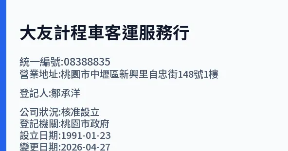 大友計程車客運服務行的照片-統編 08388835(桃園市) 公司登記資料與營業項目詳細圖表