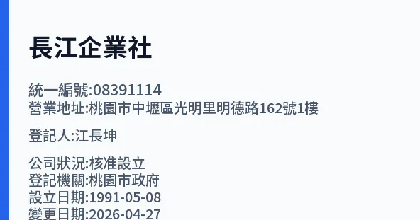 長江企業社的照片-統編 08391114(桃園市) 公司登記資料與營業項目詳細圖表