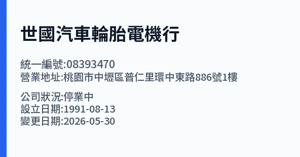世國汽車輪胎電機行的照片-統編 08393470(桃園市) 公司登記資料與營業項目詳細圖表