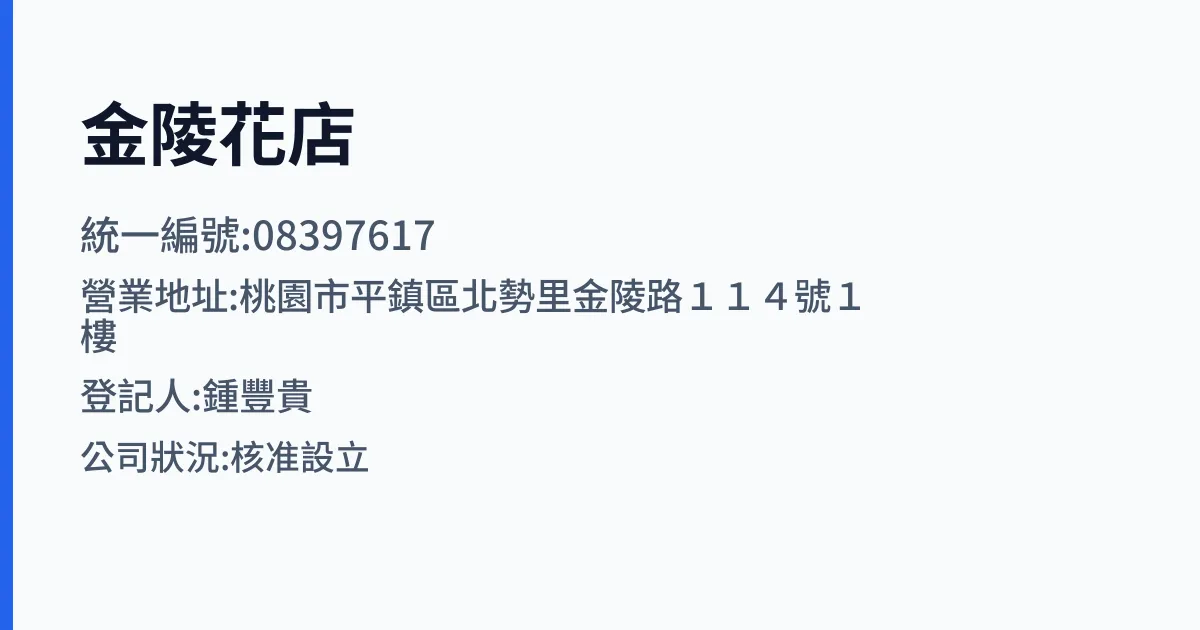 金陵花店 - 統編 08397617(桃園市) 公司登記資料與營業項目詳細圖表