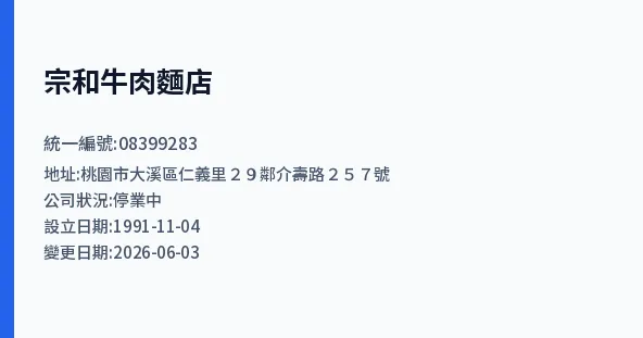 宗和牛肉麵店的照片-統編 08399283(桃園市) 公司登記資料與營業項目詳細圖表