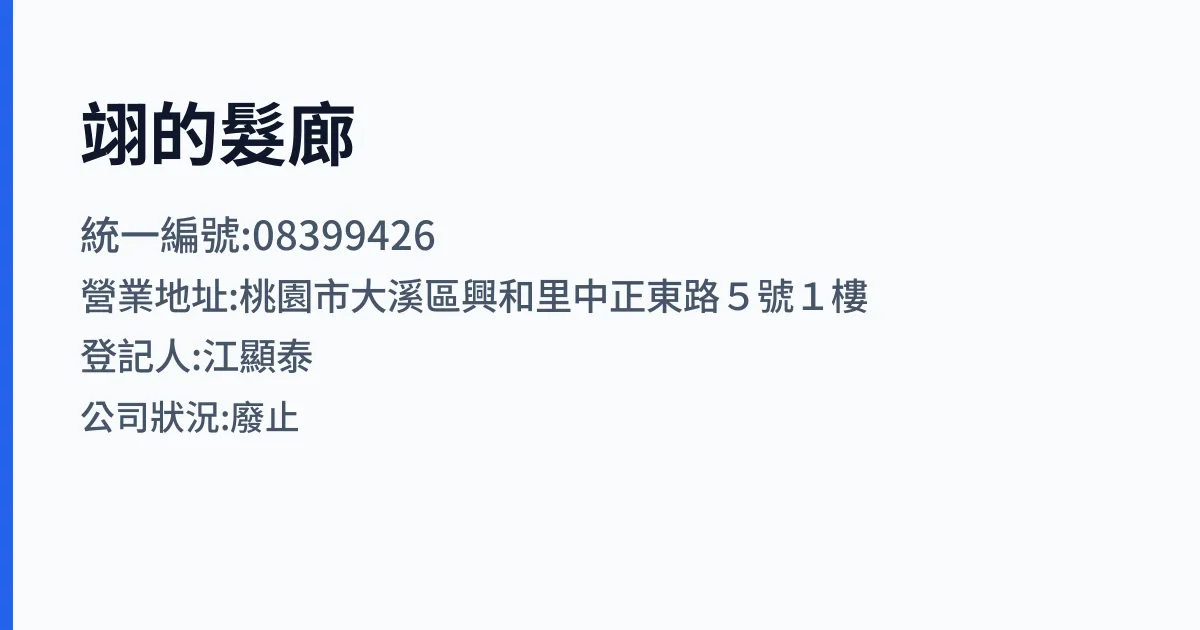 翊的髮廊 - 統編 08399426(桃園市) 公司登記資料與營業項目詳細圖表