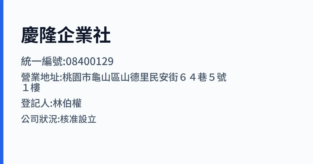 慶隆企業社 - 統編 08400129(桃園市) 公司登記資料與營業項目詳細圖表