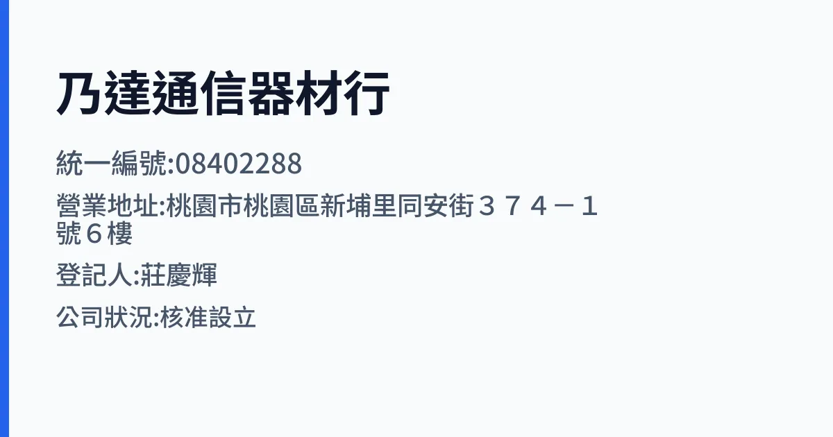 乃達通信器材行 - 統編 08402288(桃園市) 公司登記資料與營業項目詳細圖表