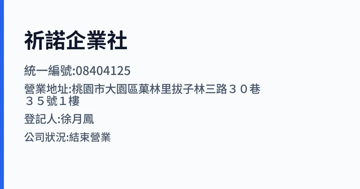 祈諾企業社 - 統編 08404125(桃園市) 公司登記資料與營業項目詳細圖表