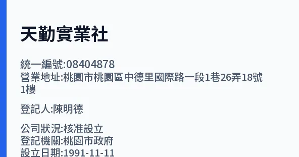 天勤實業社的照片-統編 08404878(桃園市) 公司登記資料與營業項目詳細圖表