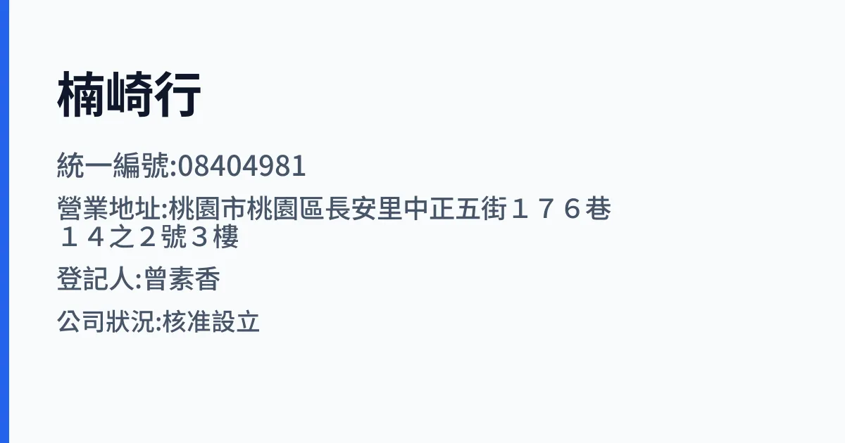楠崎行 - 統編 08404981(桃園市) 公司登記資料與營業項目詳細圖表